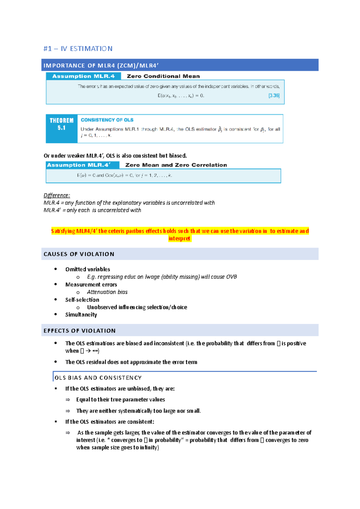 IV Estimation - #1 – IV ESTIMATION IMPORTANCE OF MLR4 (ZCM)/MLR4’ Or ...