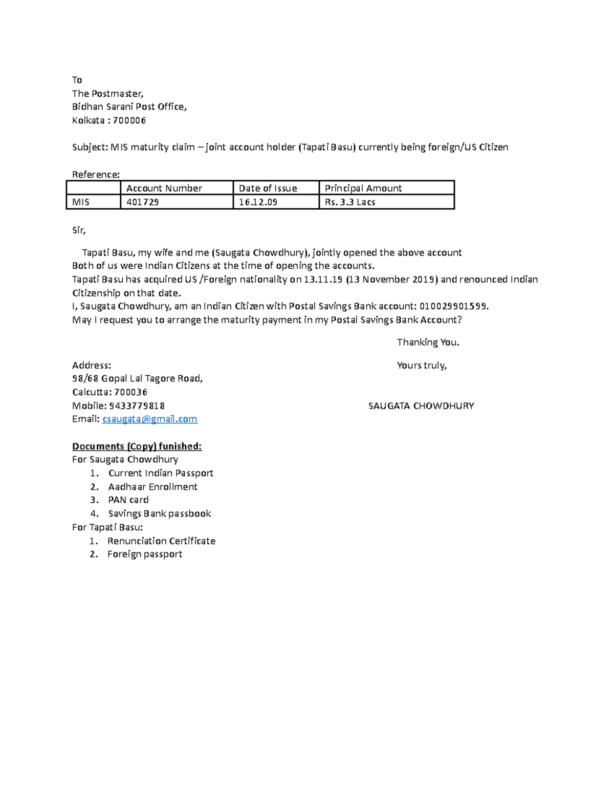Postal application Bidhan Sarani - To The Postmaster, Bidhan Sarani ...