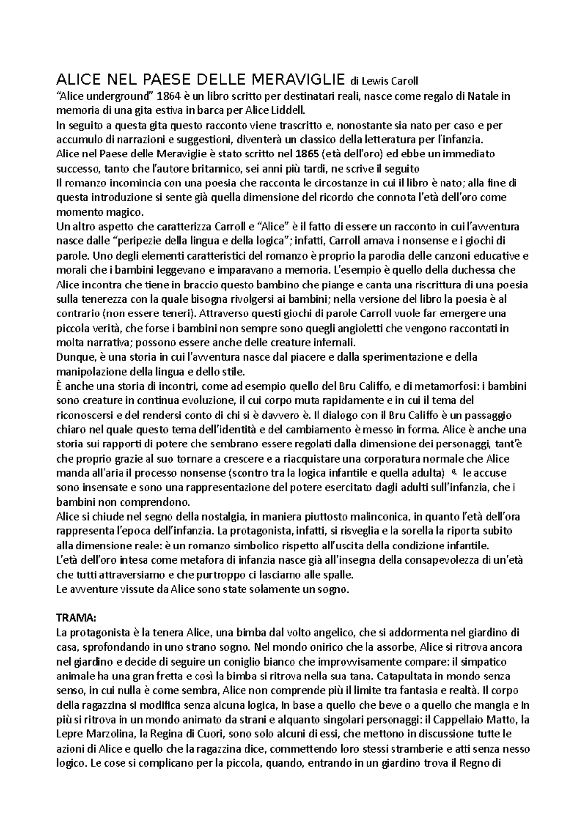 Alice nel paese delle meraviglie - ALICE NEL PAESE DELLE MERAVIGLIE di Lewis Caroll “Alice - Studocu