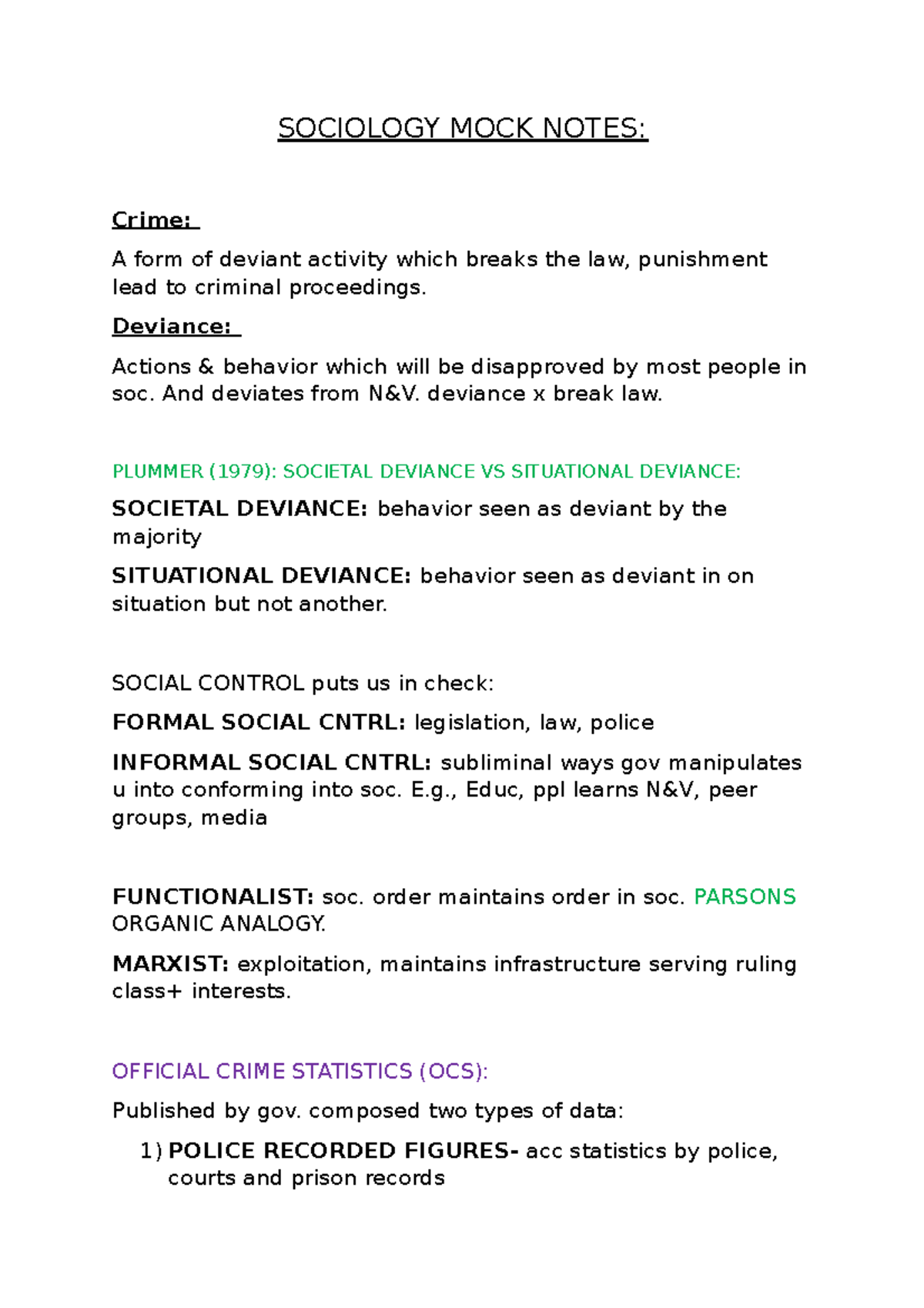 Sociology Mock Revision 1 - SOCIOLOGY MOCK NOTES: Crime: A form of ...
