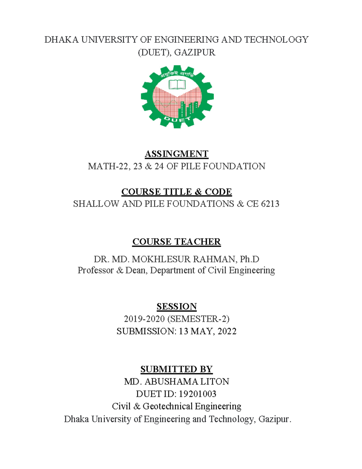 Assignment of CE-6213 192010 03 - DHAKA UNIVERSITY OF ENGINEERING AND TECHNOLOGY (DUET), GAZIPUR ...