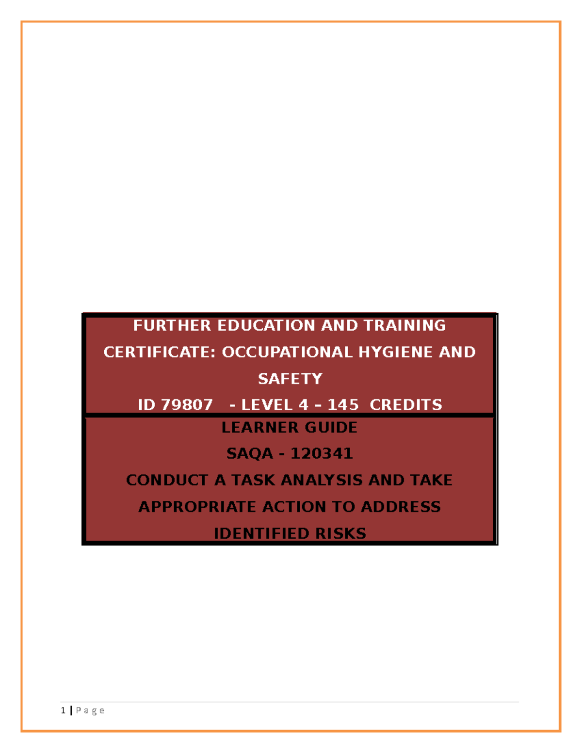 SAQA - 120341 - Learner Guide - FURTHER EDUCATION AND TRAINING CERTIFICATE: OCCUPATIONAL HYGIENE ...