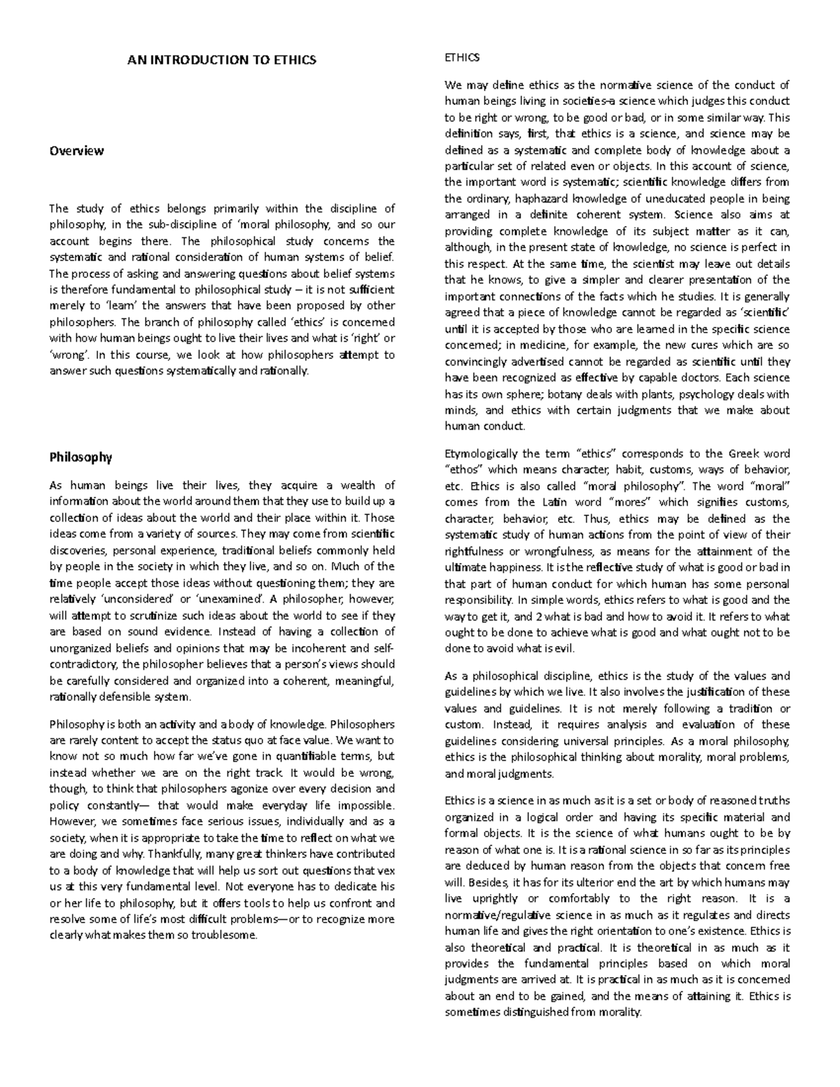 Introduction to Ethics - AN INTRODUCTION TO ETHICS Overview The study ...