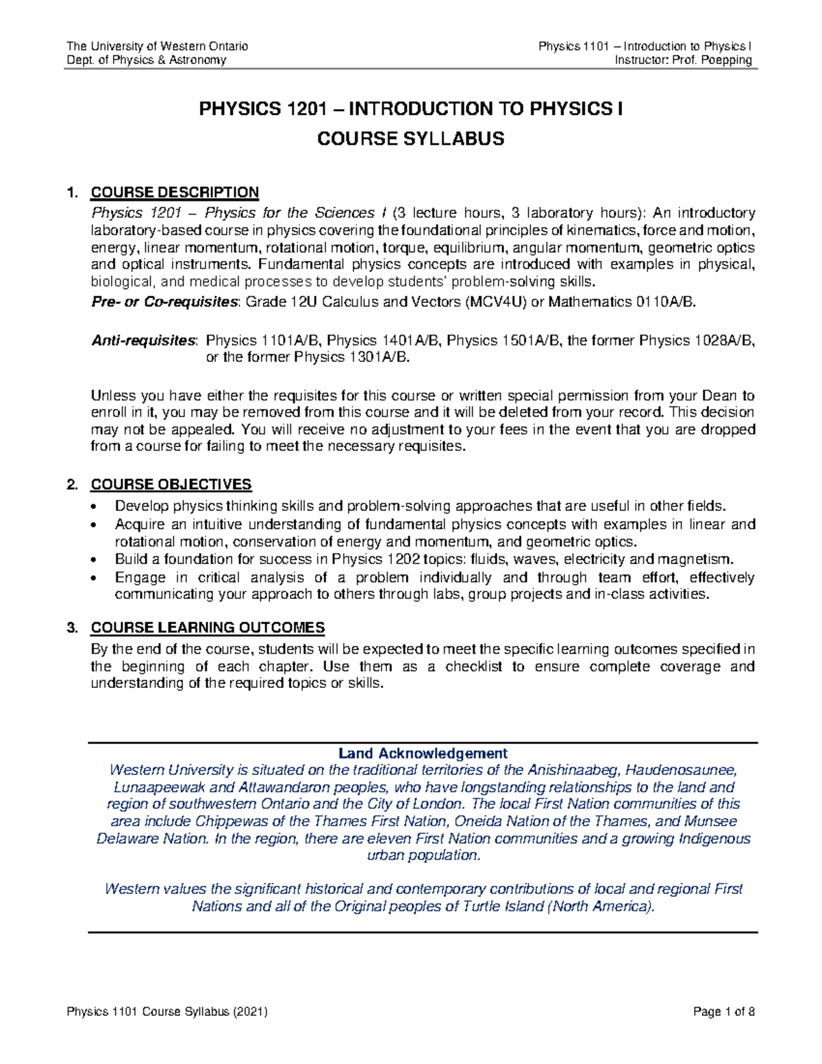 Physics 1201 Course Syllabus 2021 2021 09 01 - Physics 1201 - UWO - StuDocu