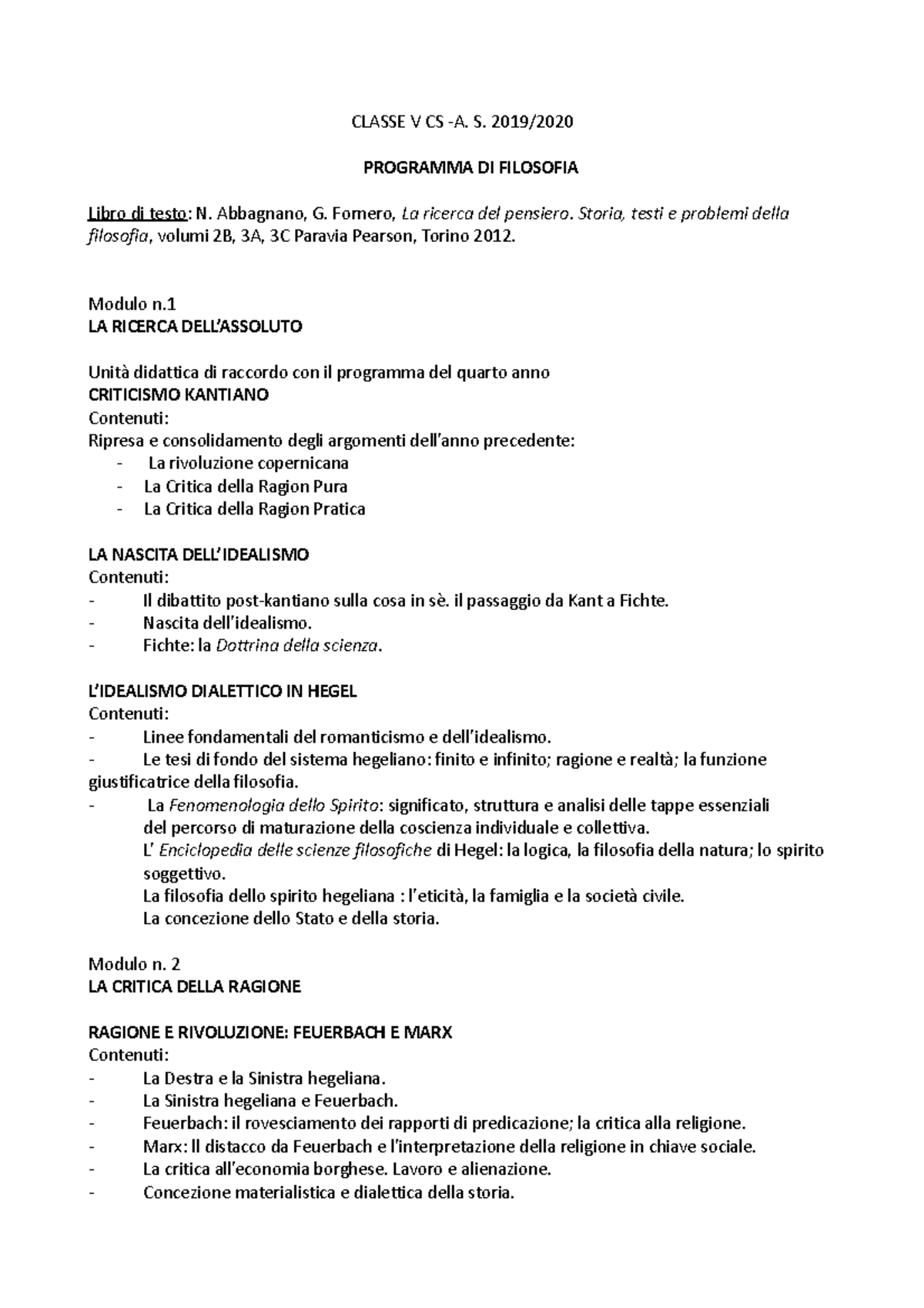 Programma filosofia Classe V CS - CLASSE V CS -A. S. 2019/ PROGRAMMA DI ...