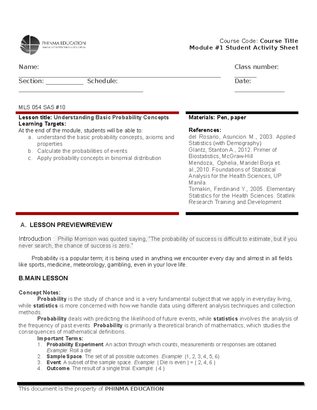 MLS 054 SAS #10 - Stat - Module #1 Student Activity Sheet Name: - Studocu