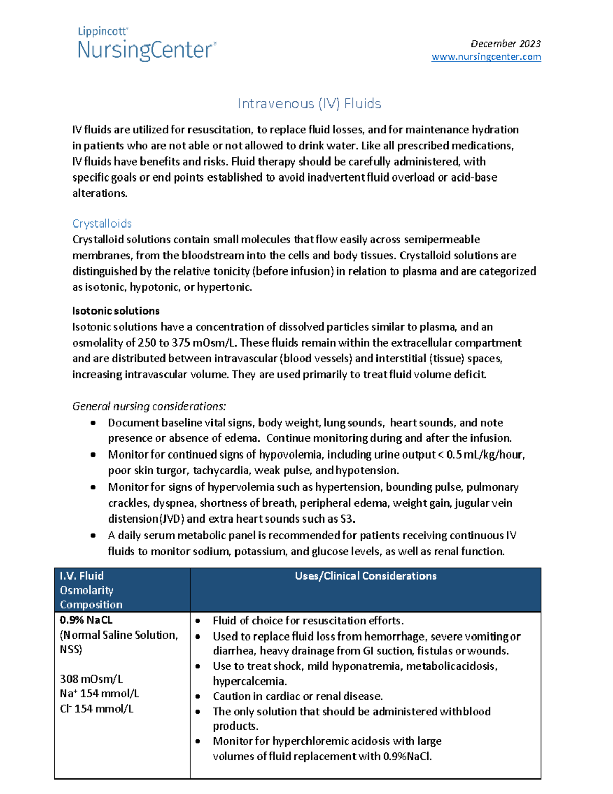 Pocket-Card IV-Fluids - nursingcenter Intravenous (IV) Fluids IV fluids ...