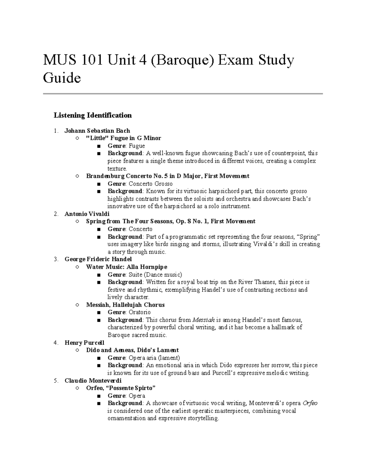 MUS 101 Unit 4 (Baroque) Exam Study Guide - MUSIC101 - BYU-Idaho - Studocu