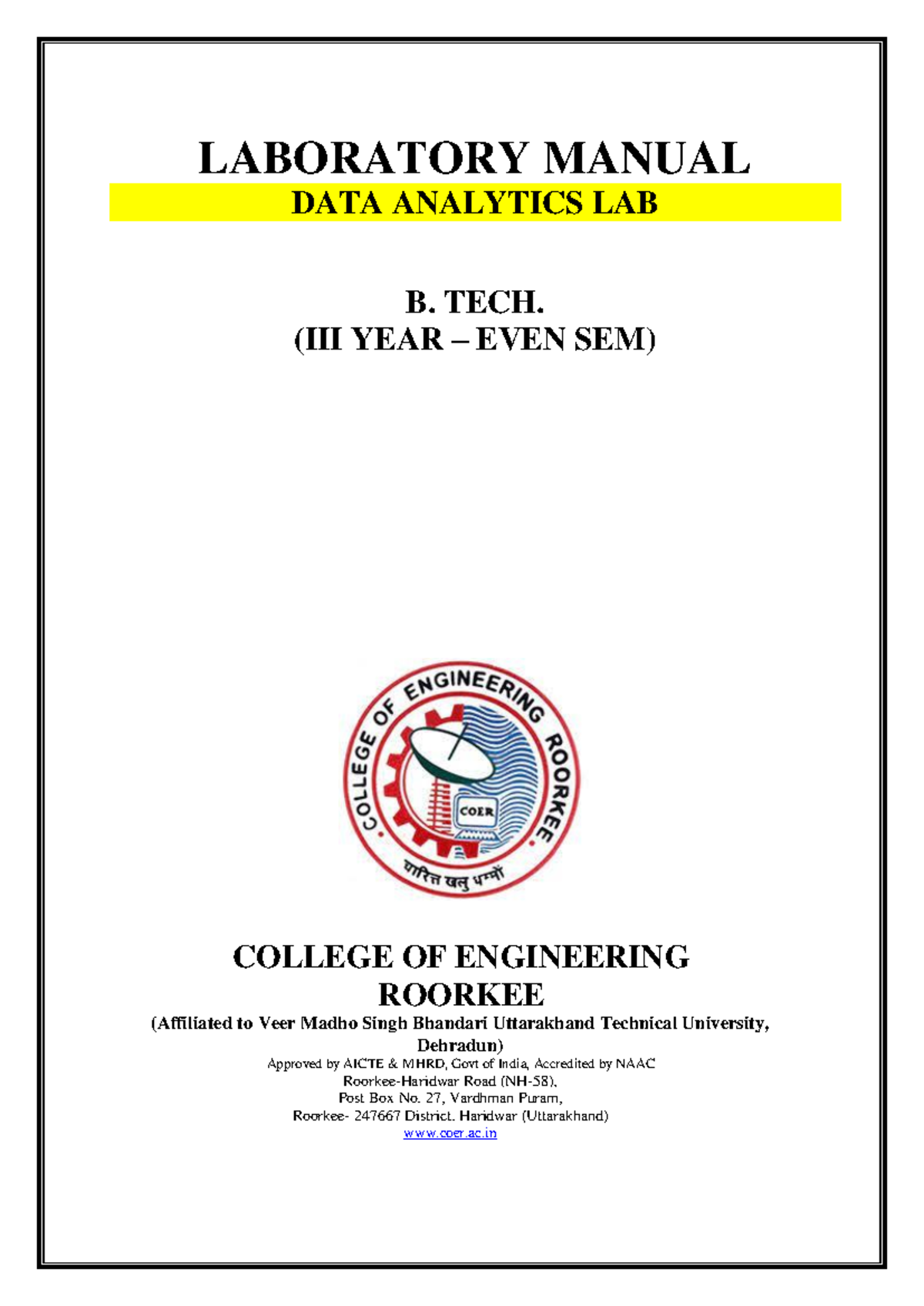 Data Analytics Lab 1 Laboratory Manual Data Analytics Lab B Tech Iii Year Even Sem
