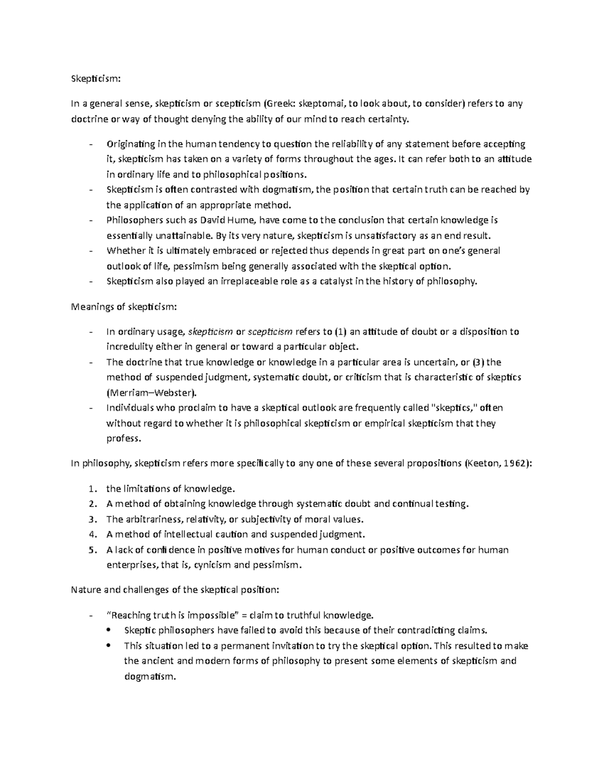 Skepticism contents by Immanuel Kant and the different types of ...