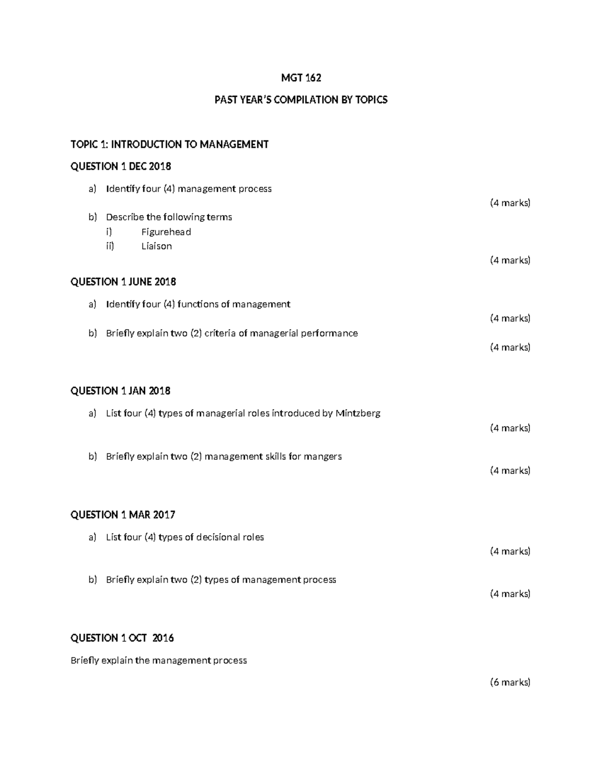 Chapter 1 intro to mgt - MGT 162 PAST YEAR’S COMPILATION BY TOPICS ...