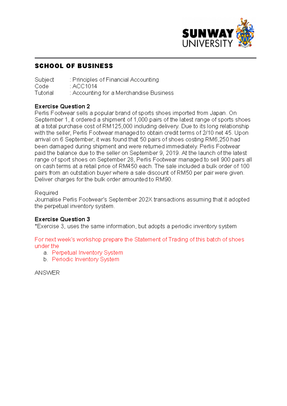Workshop answer - perpetual and periodic inventory system - SCHOOL OF ...