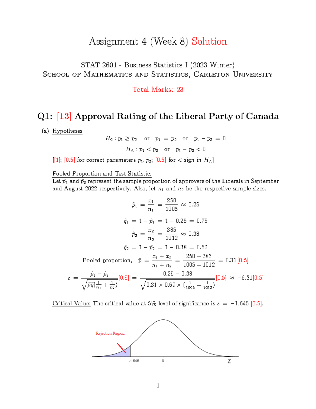 STAT2601 Assignment 4 Solution W23 - Assignment 4 (Week 8) Solution STAT 2601 - Business ...