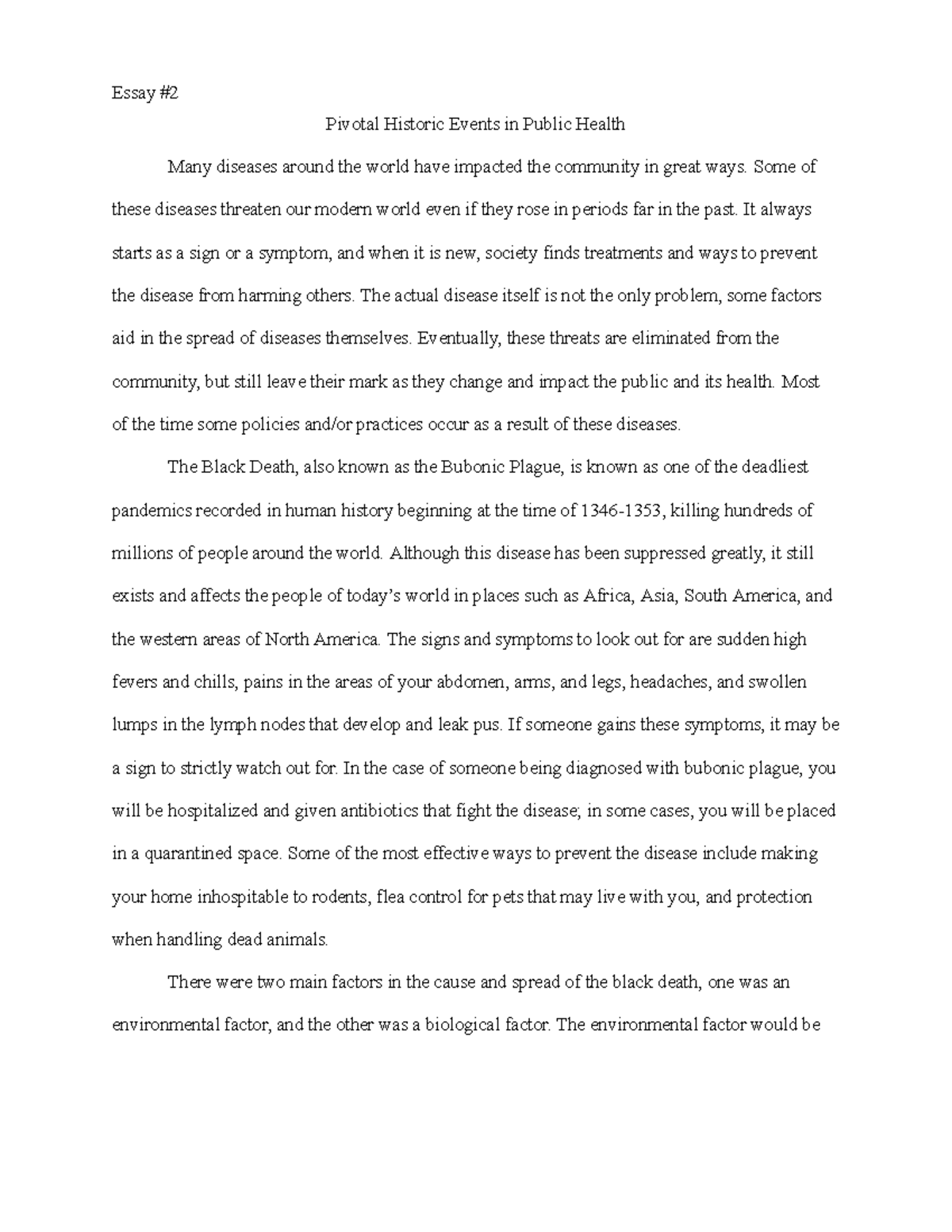 Essay 2 - Pivotal Historic Events in Public Health Many diseases around ...