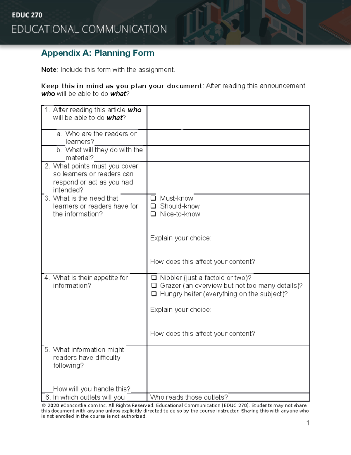 Blank Announcements Assignment Appendix A Appendix A Planning Form Note Keep This In Mind As