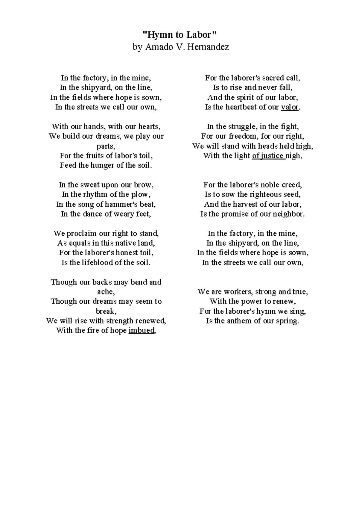 Hymn to Labor by Hernandez - In the factory, in the mine, In the ...
