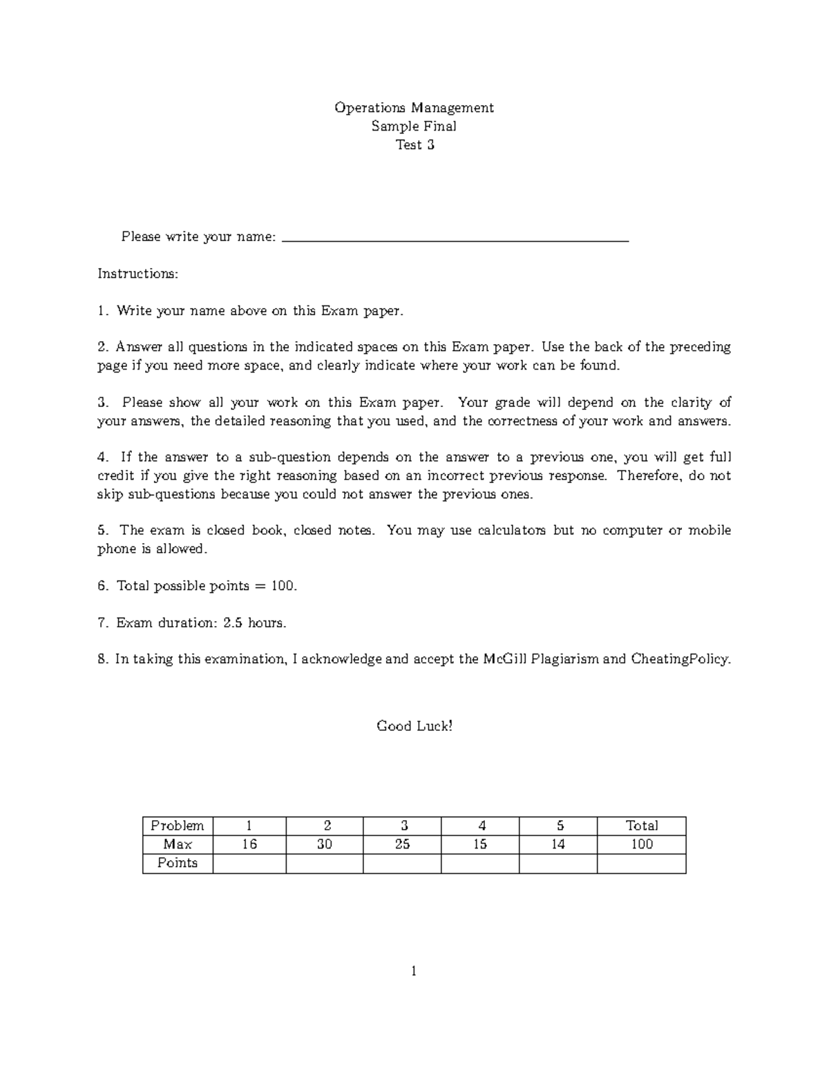 Sample Final 3 - Operations Management Sample Final Test 3 Please write ...