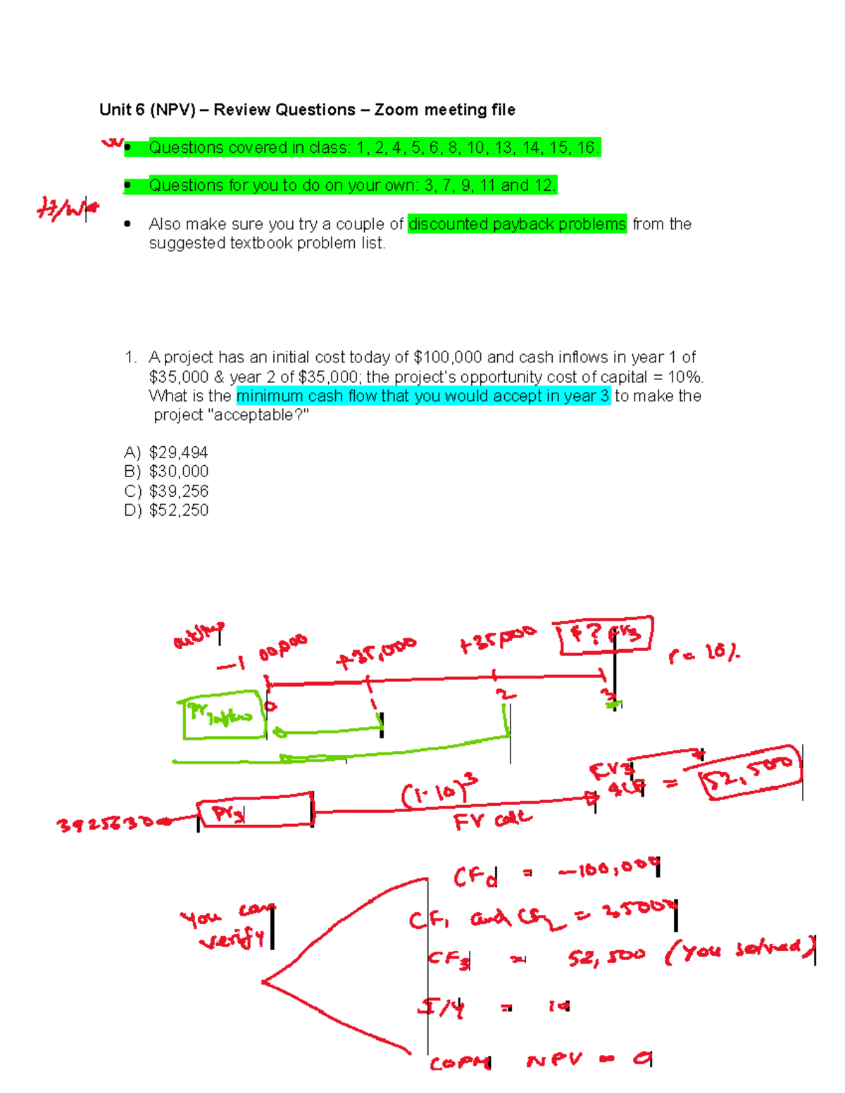 Unit 6 Review Questions - Solutions with notes - Unit 6 (NPV) – Review ...