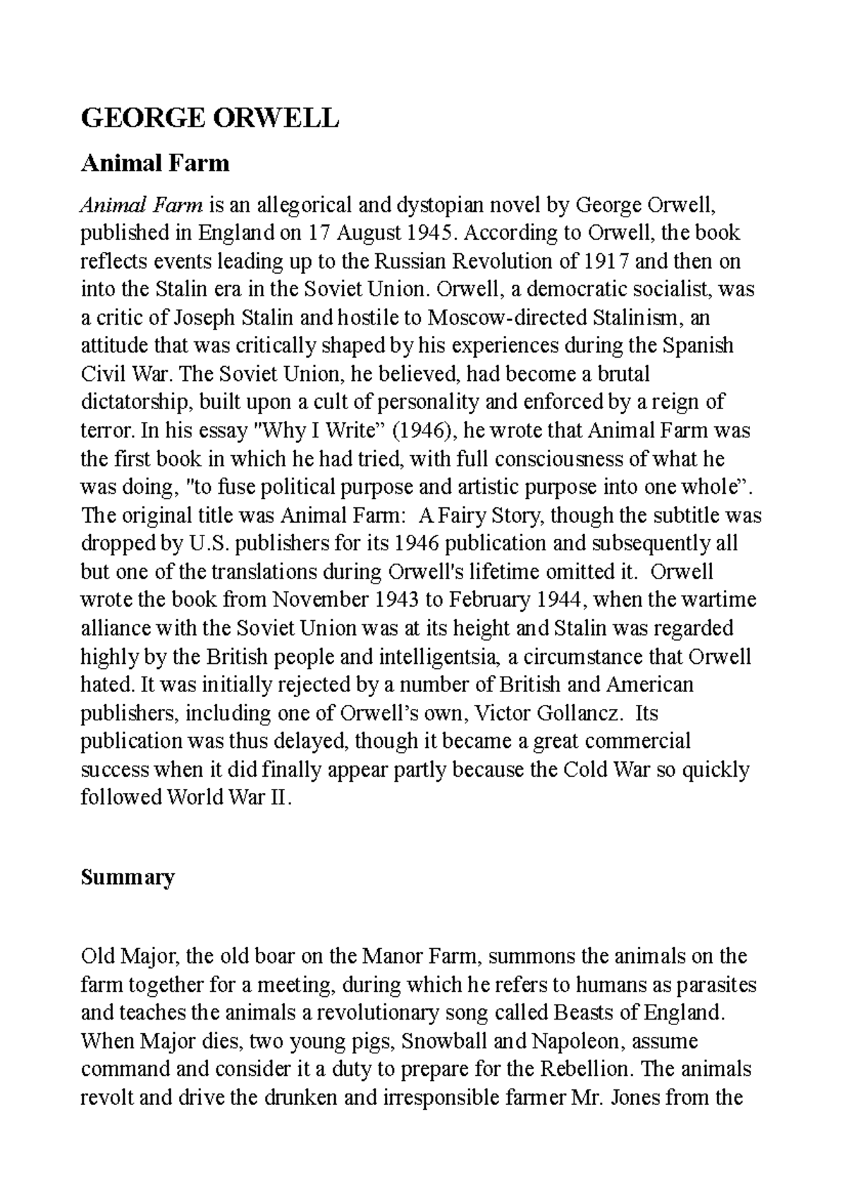 Animal FARM - GEORGE ORWELL Animal Farm Animal Farm is an allegorical ...