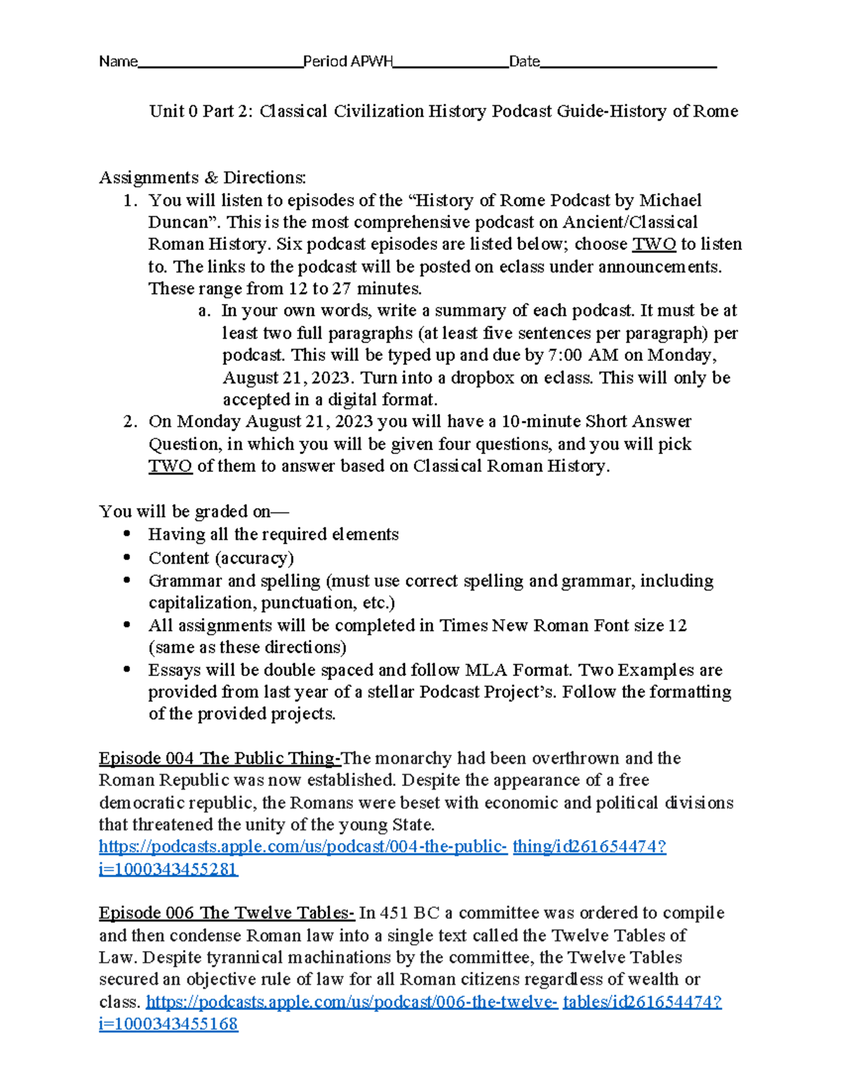 History Podcast Guide Project Unit B History of Roman Podcast Fall 2023 ...