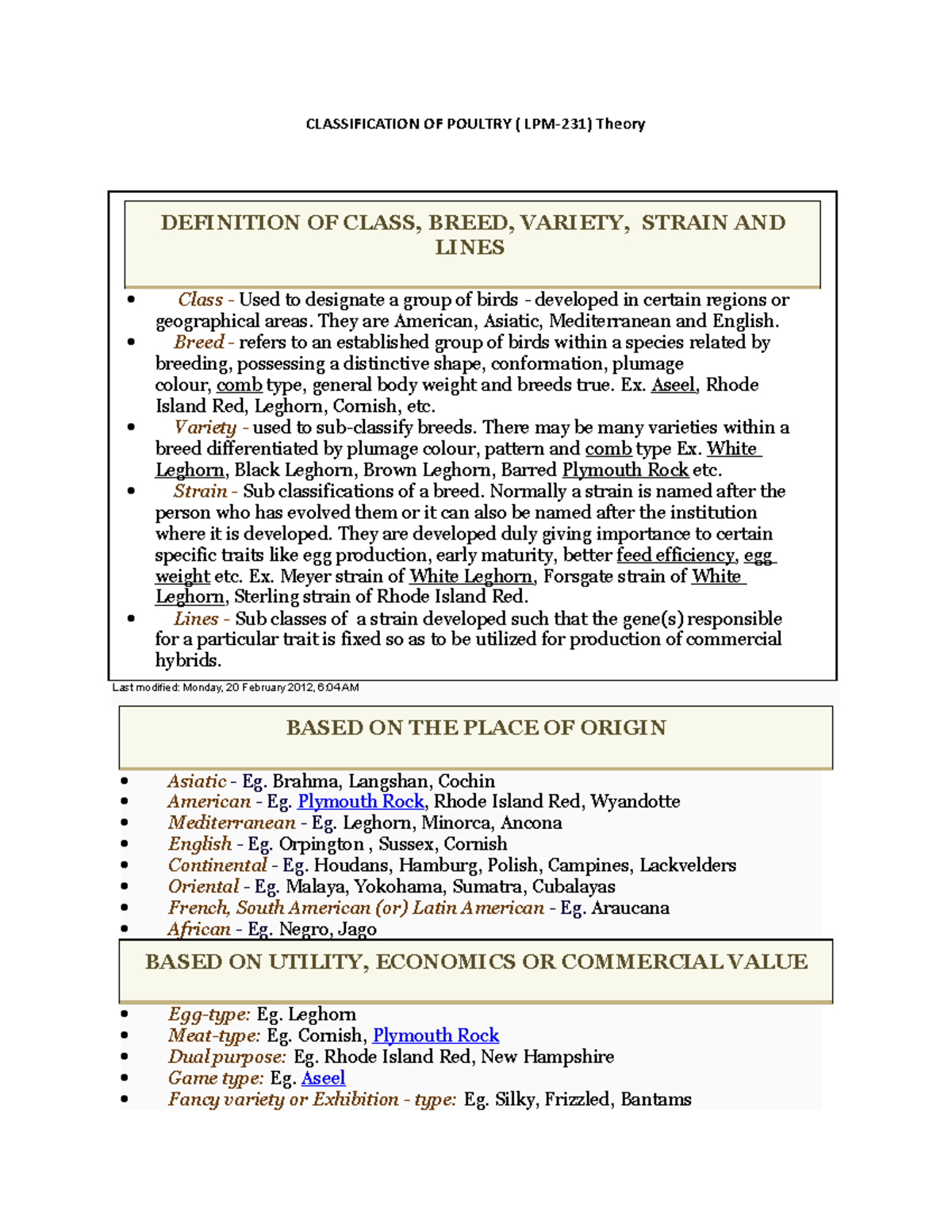Lec 7 Poultry yyggsjjj - CLASSIFICATION OF POULTRY ( LPM-231) Theory ...