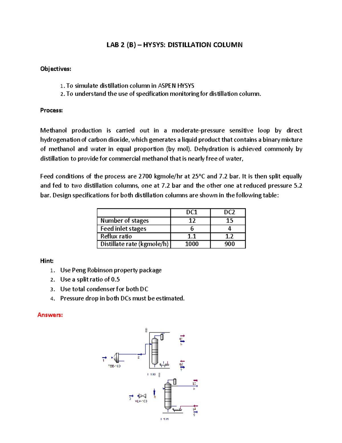 LAB 4 - Distillation Column - LAB 2 (B) – HYSYS: DISTILLATION COLUMN ...