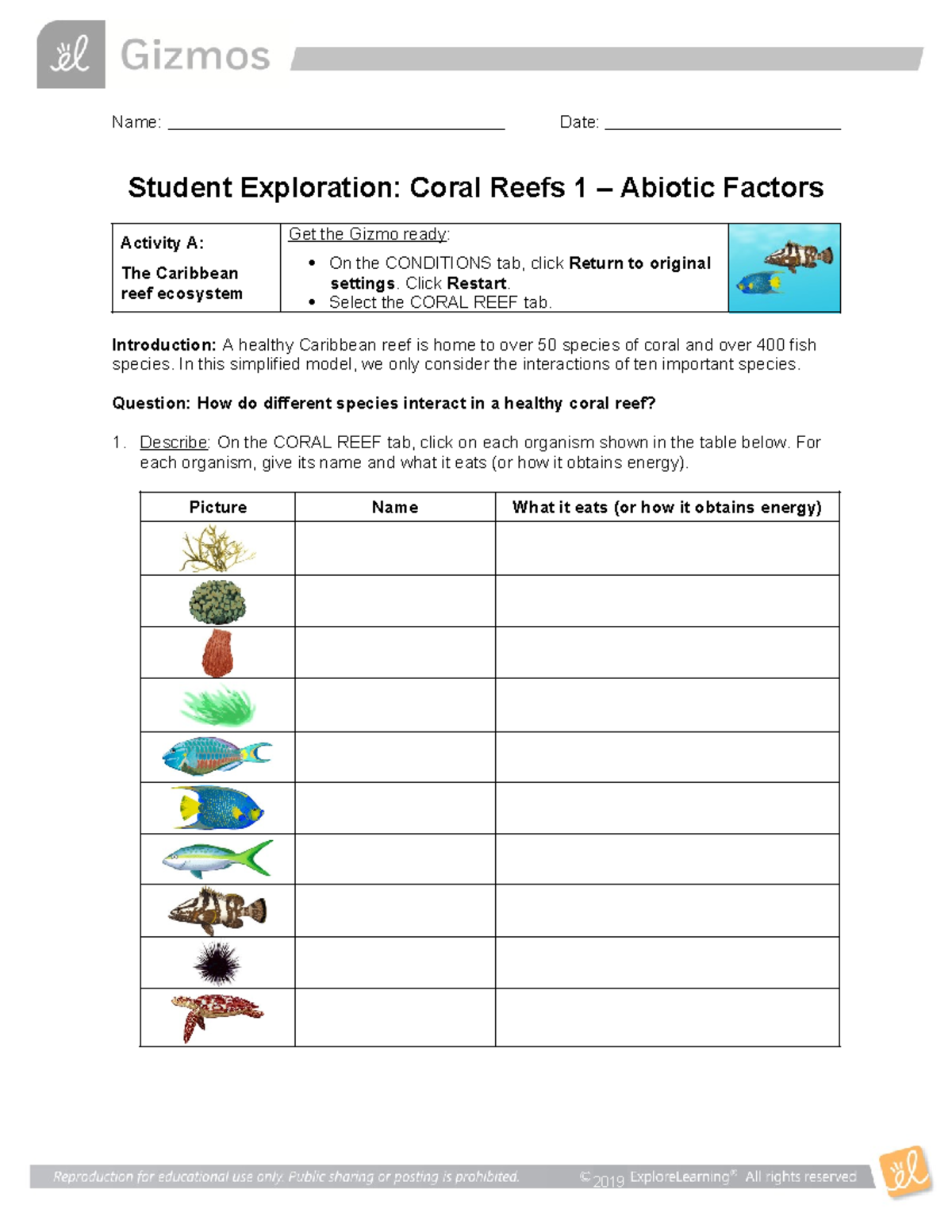 Coral Reefs 1 Abiotic Factors - Name: Date: Student Exploration: Coral ...