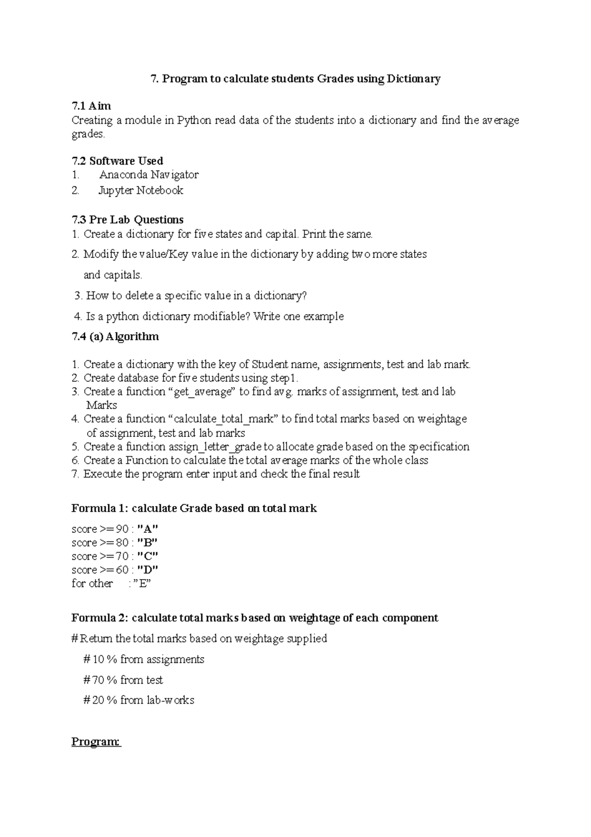 Experiment 7 - Student Copy - Program to calculate students Grades using Dictionary 7 Aim ...