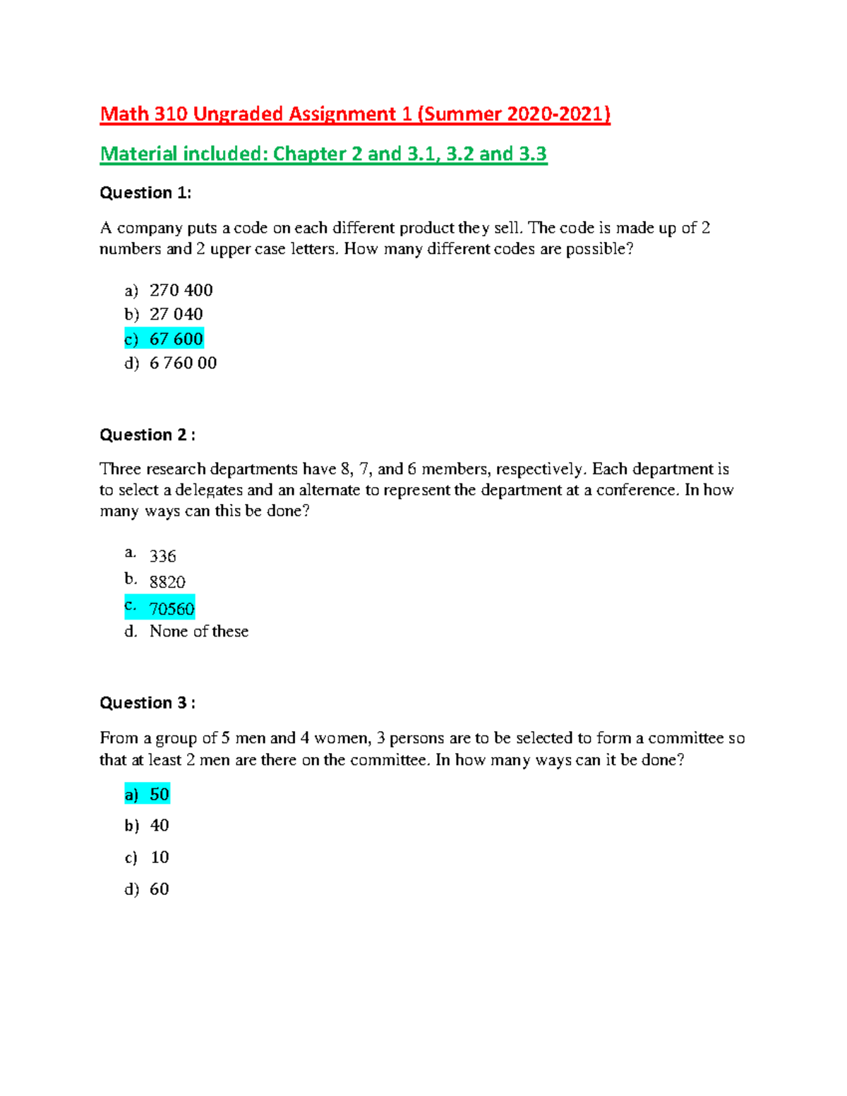 Math 310-Solution Ungraded Assignment 1-Summer 2020-2021 - Math 310 ...