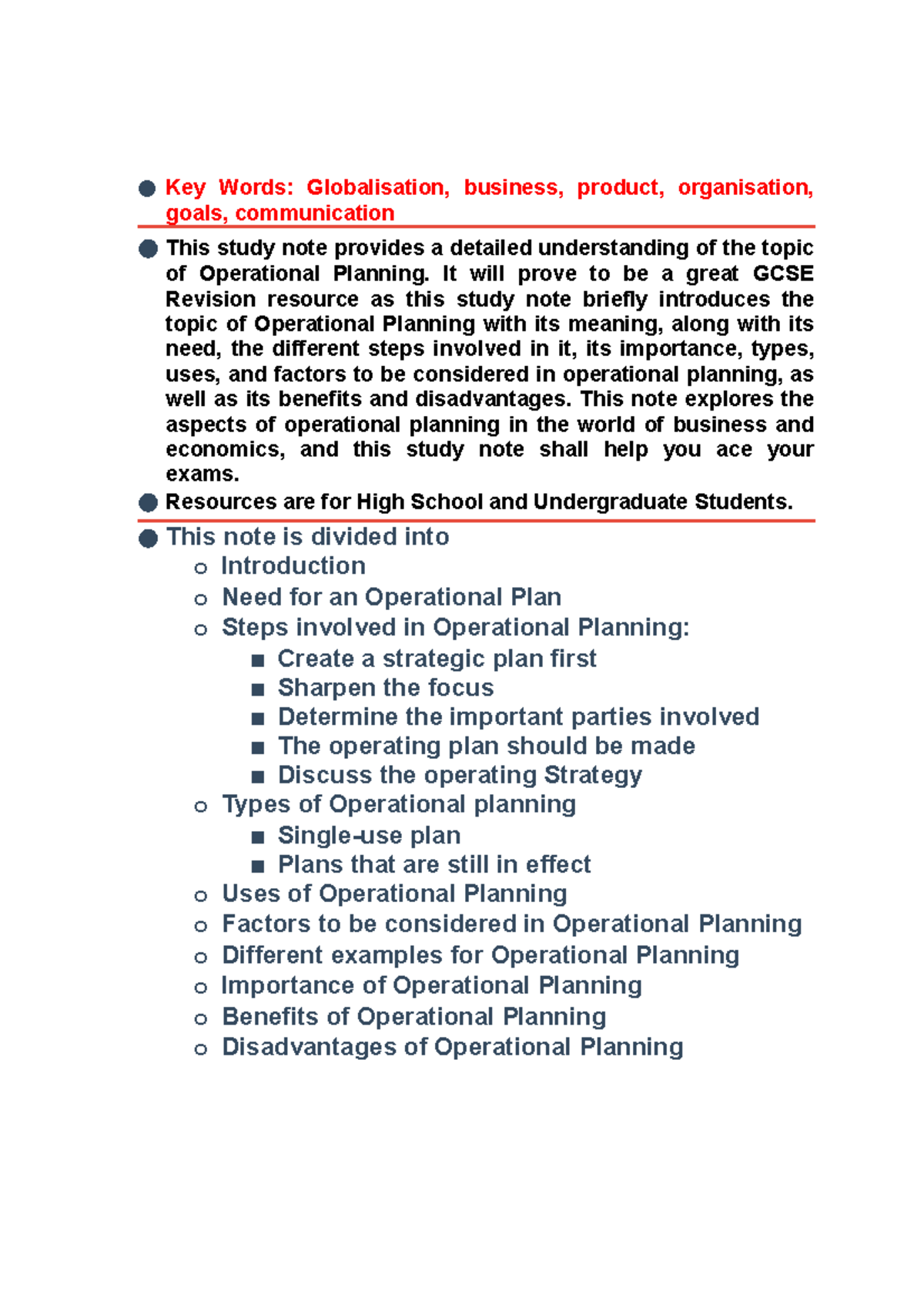 B e operational planning 1 - Key Words: Globalisation, business ...