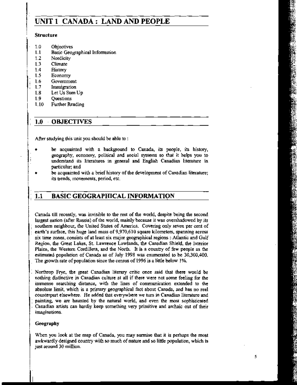 Unit-1 - Unit 1 - UNIT 1 CANADA : LAND AND PEOPLE ####### Structure ...