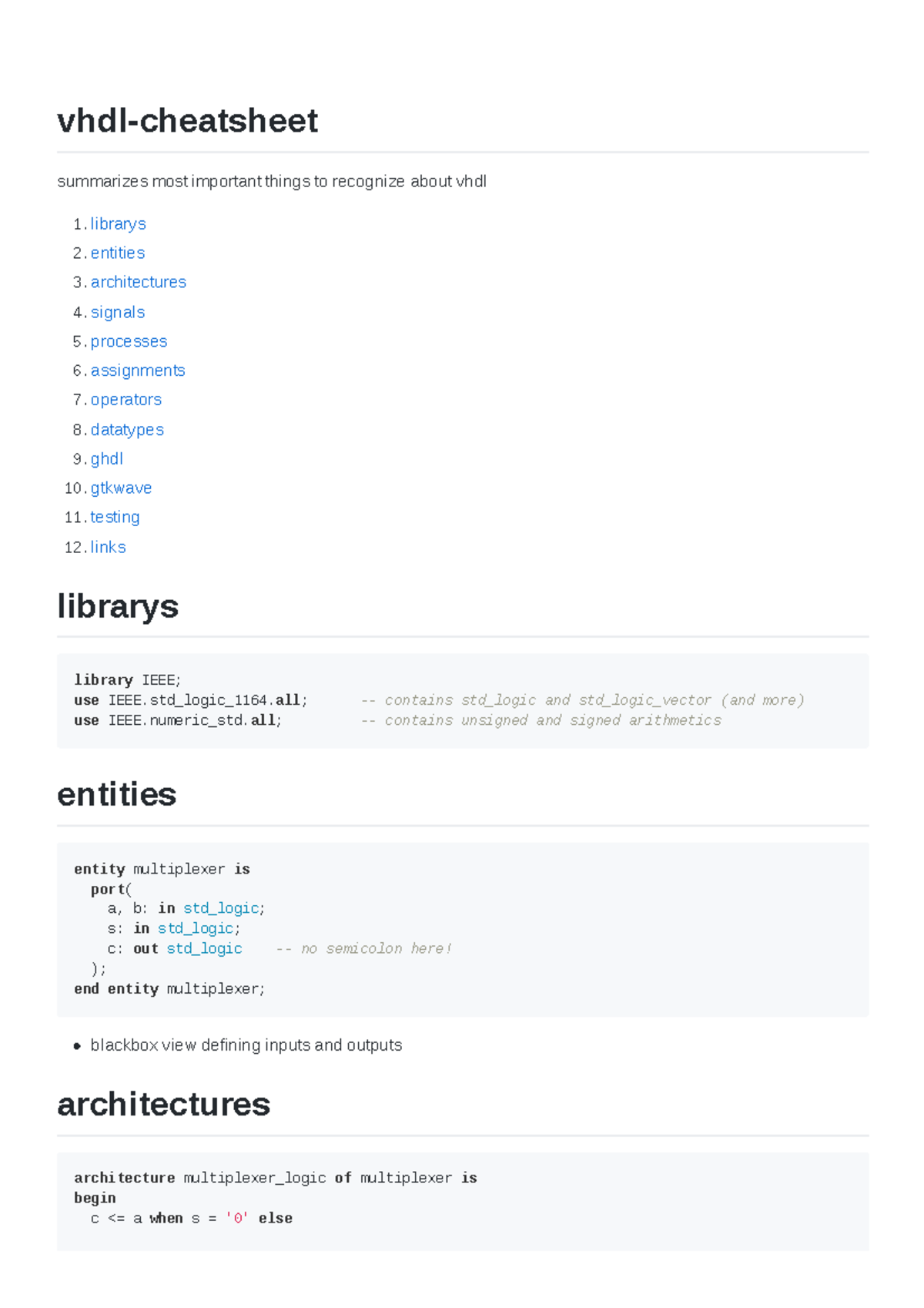 vhdl-cheatsheet summarizes most important things to recognize about vhdl - librarys 2. entities ...