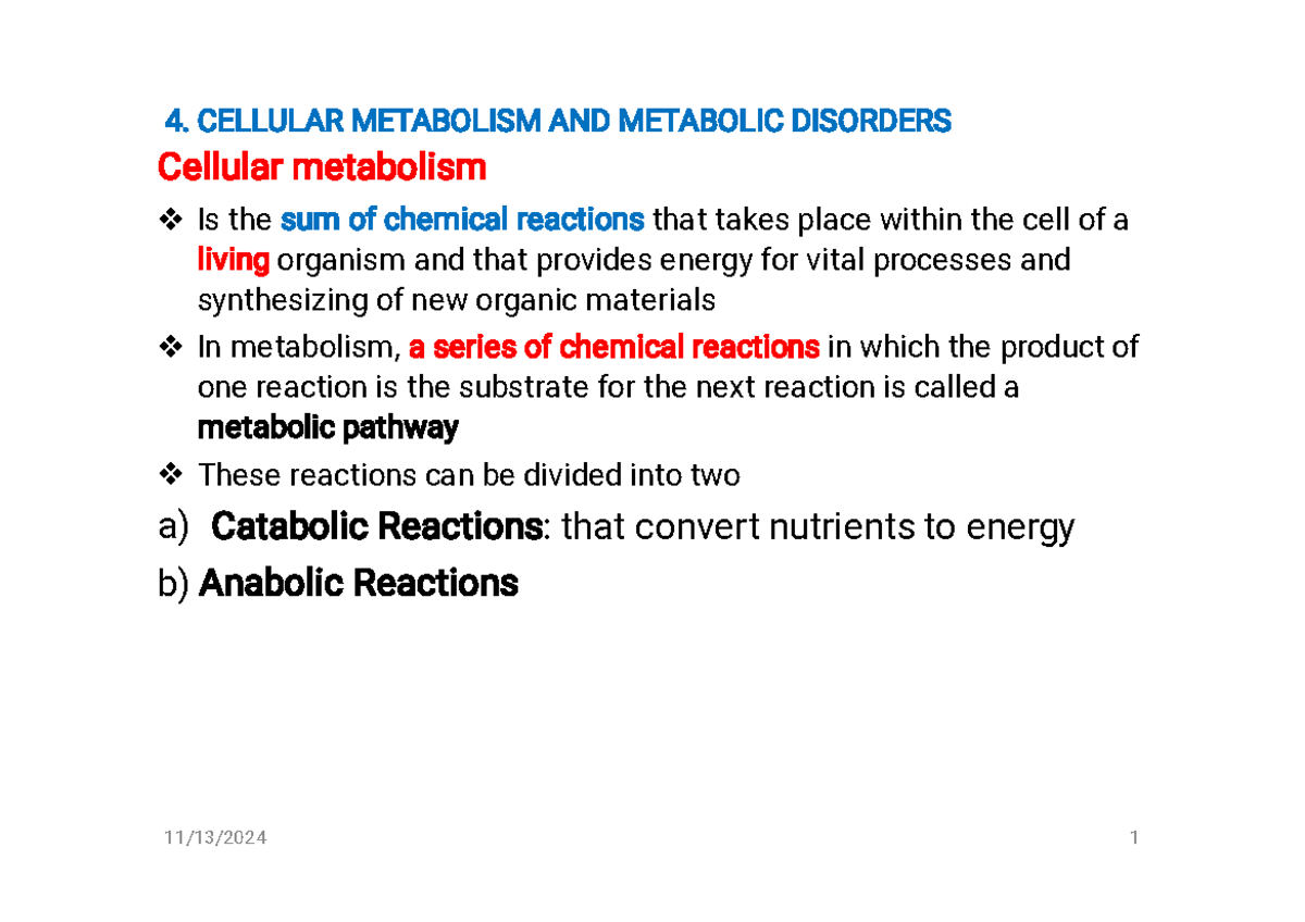 GB chapter 4 - ppt - CELLULAR METABOLISM AND METABOLIC DISORDERS a ...
