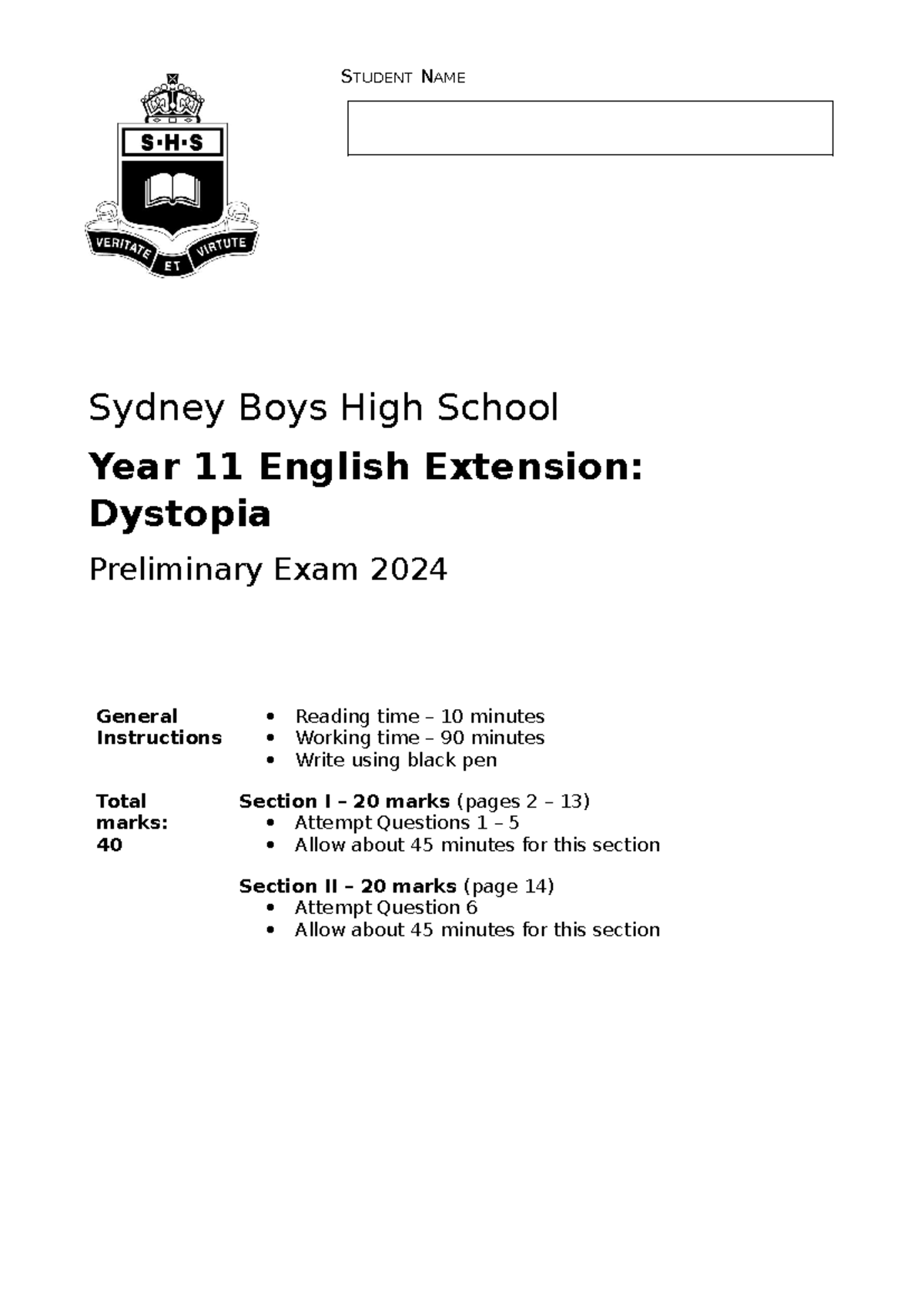Dystopian Practice Exam 2 2024 - STUDENT NAME Sydney Boys High School ...