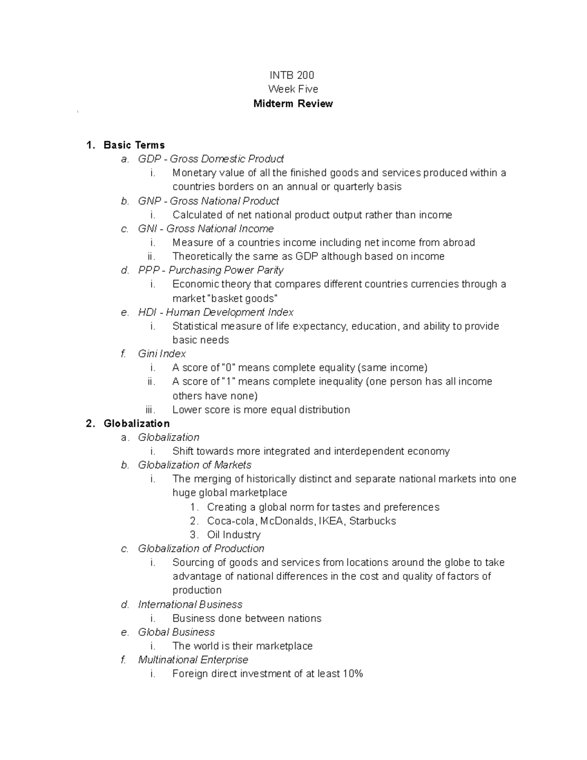 Midterm Review Sheet - INTB 200 Week Five Midterm Review 1. Basic Terms ...