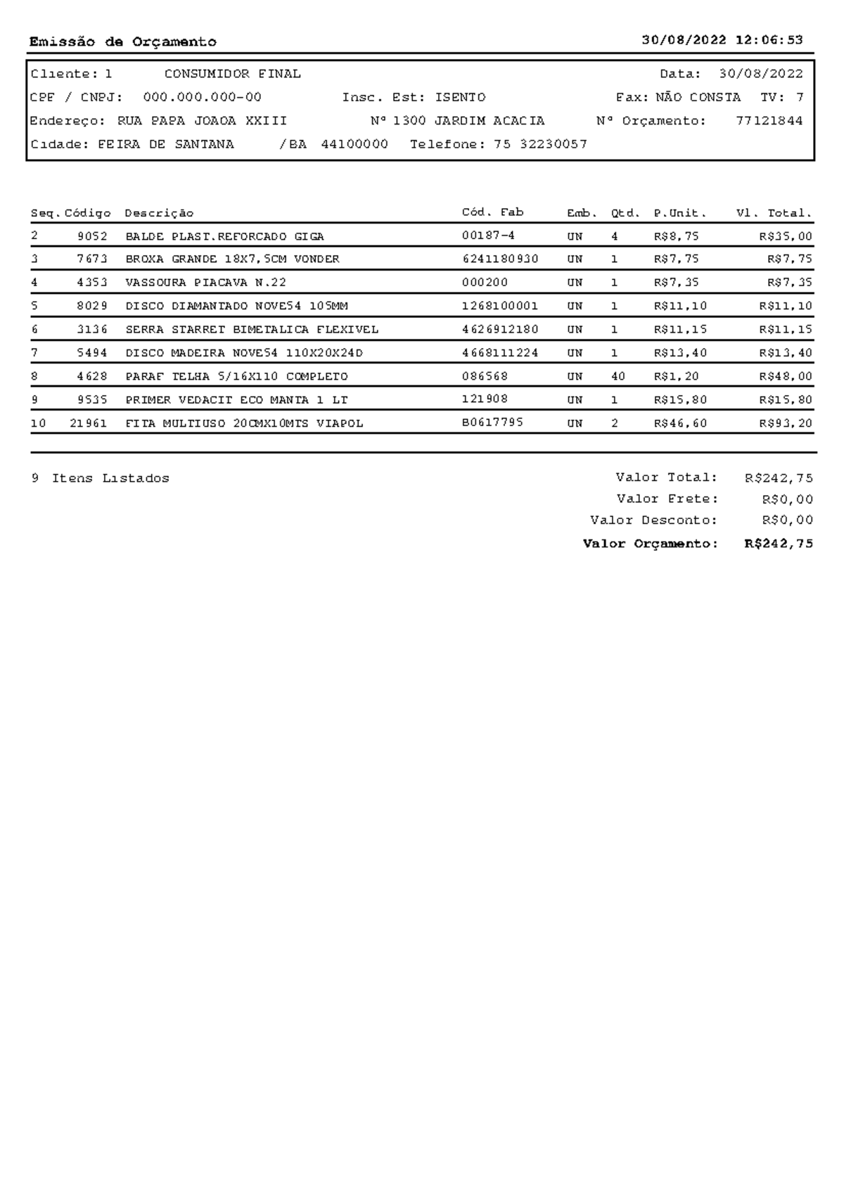 Red01 - gffgfg - Cliente: CPF / CNPJ: 000.000- Endereço: RUA PAPA JOAOA ...
