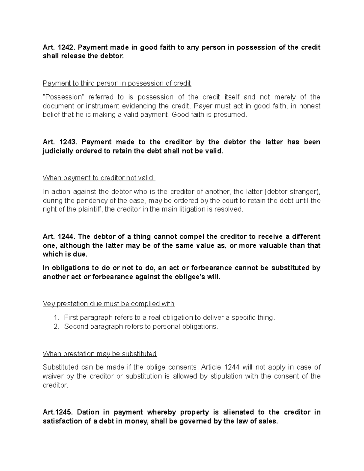 Art 1242-1251 - List of articles. - Art. 1242. Payment made in good ...