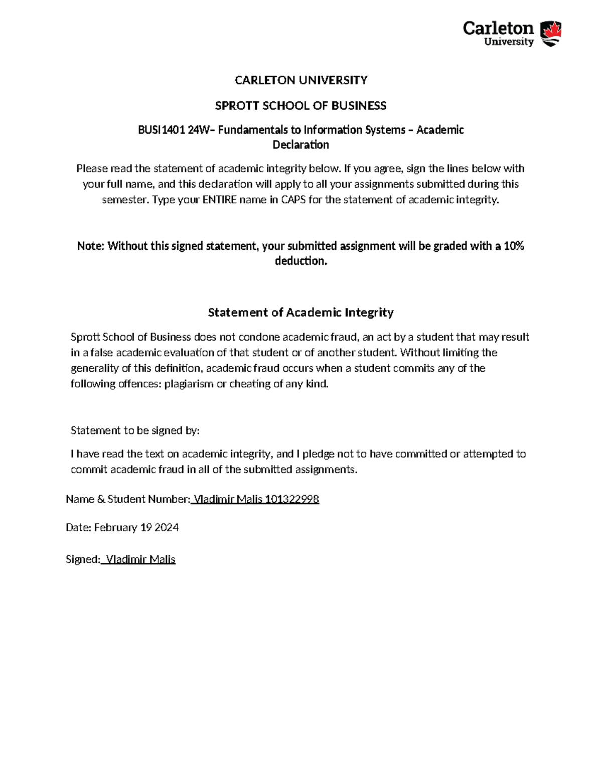 BUSI1401 Academic Declaration - CARLETON UNIVERSITY SPROTT SCHOOL OF ...