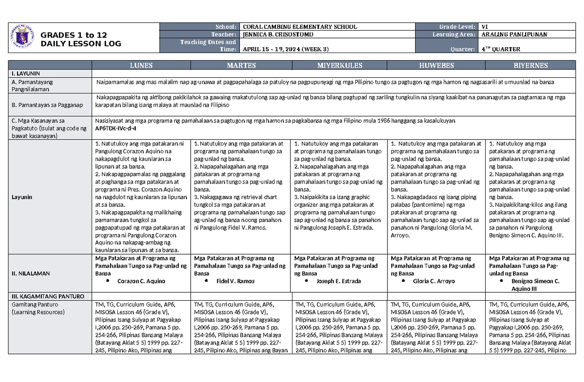 DLL Araling Panlipunan 6 Q4 W3 - GRADES 1 to 12 DAILY LESSON LOG School: CORAL CAMBING ...