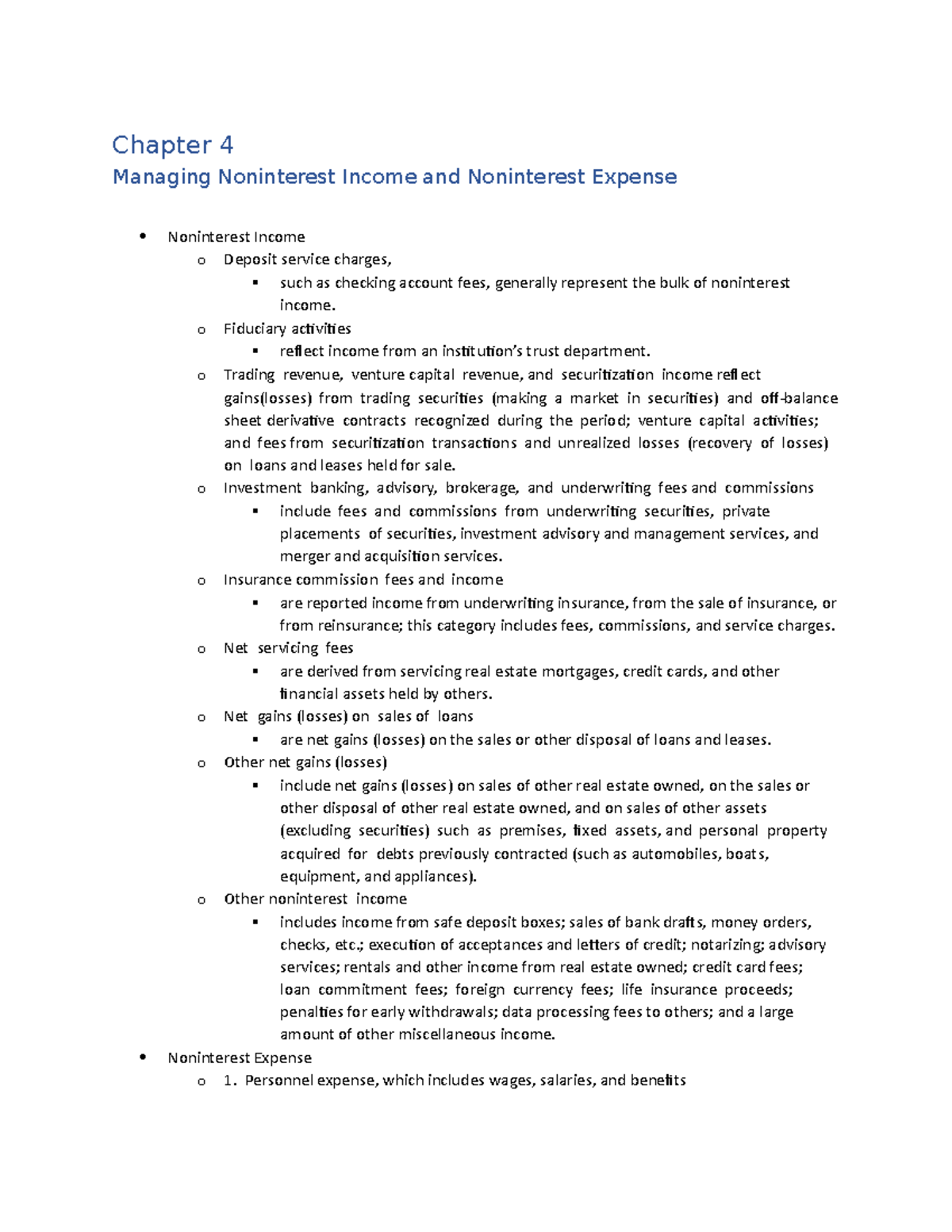 Bank Management Book Notes 4-7 - Chapter 4 Managing Noninterest Income ...