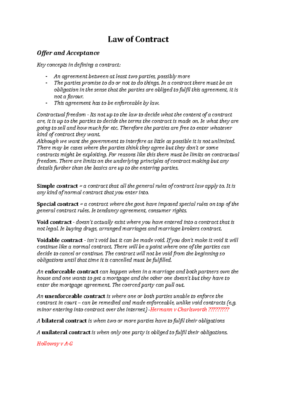 Contract - lecture notes - Law of Contract Offer and Acceptance Key ...