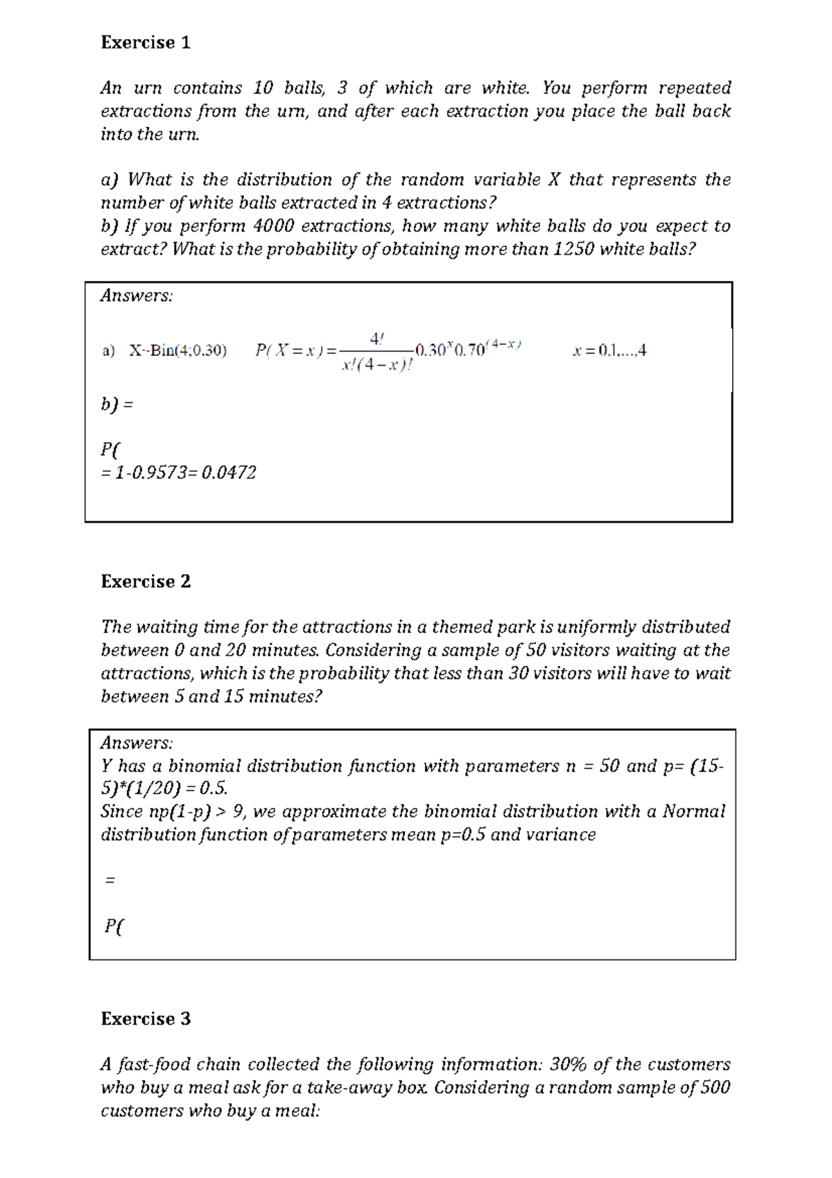 Exercises 9 Mag - With solutions - Exercise 1 An urn contains 10 balls ...
