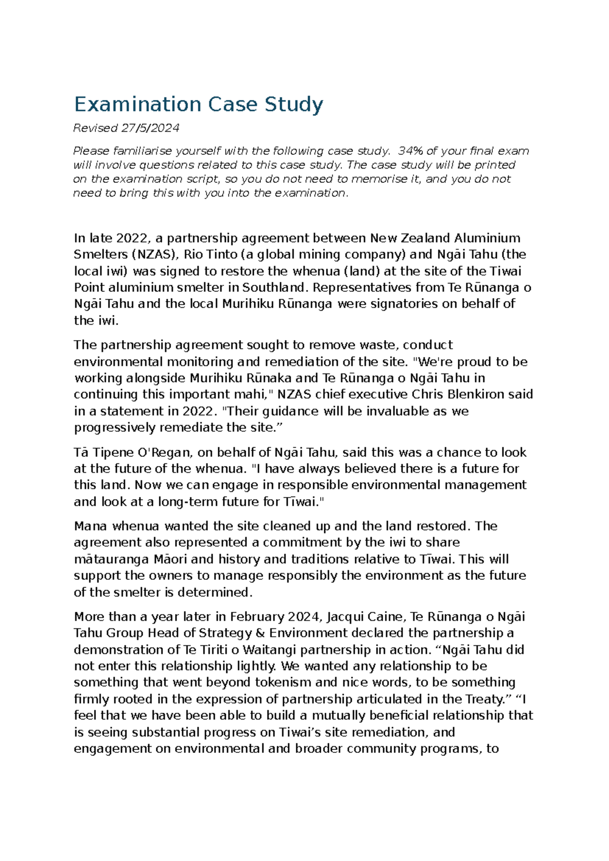 Exam case study - Examination Case Study Revised 27/5/ Please ...