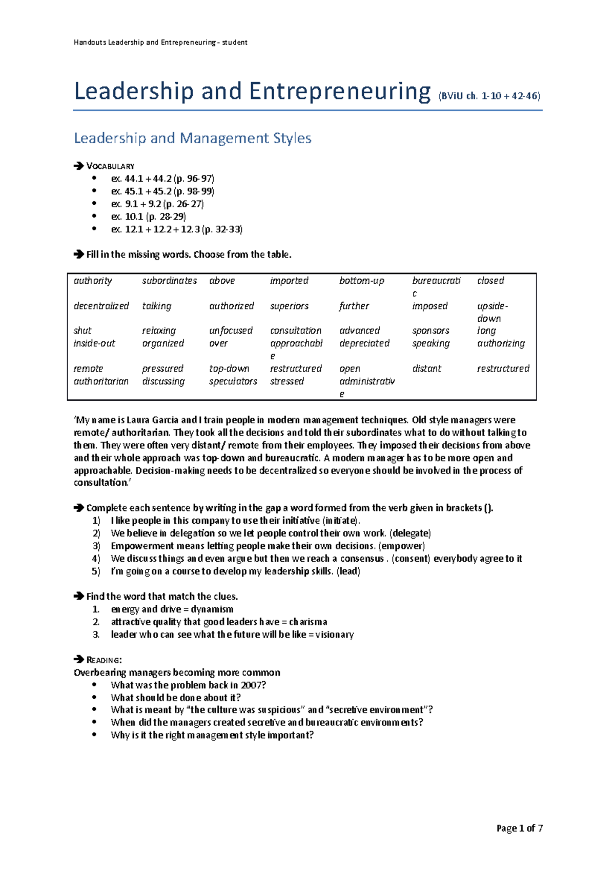 Handout Leadership and entrepreneuring student - Leadership and ...