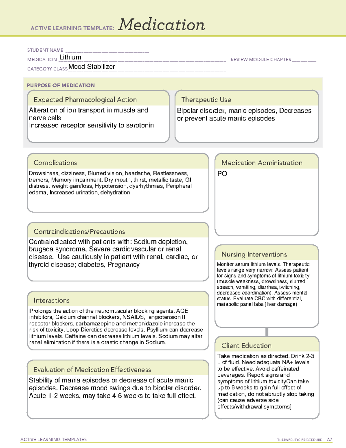 Med Card 23 - Lithium - ACTIVE LEARNING TEMPLATES TherapeuTic procedure ...