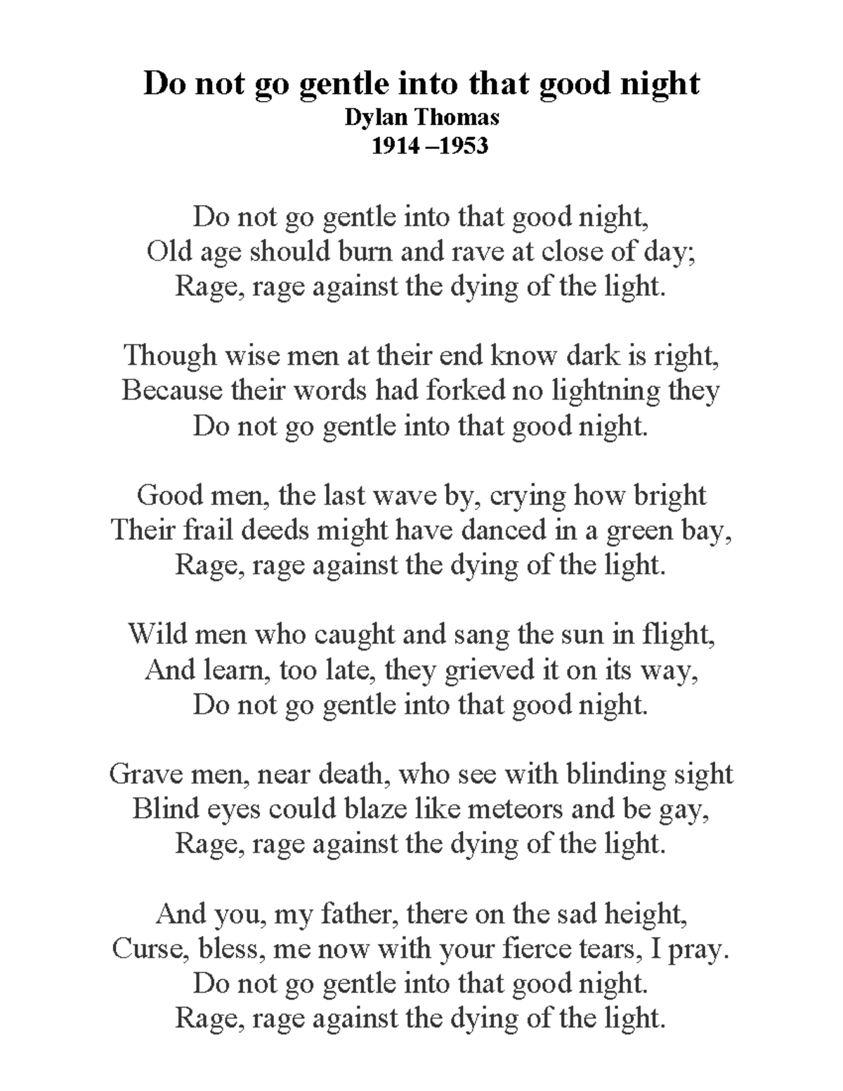 Do not go gentle into that good night - Though wise men at their end ...