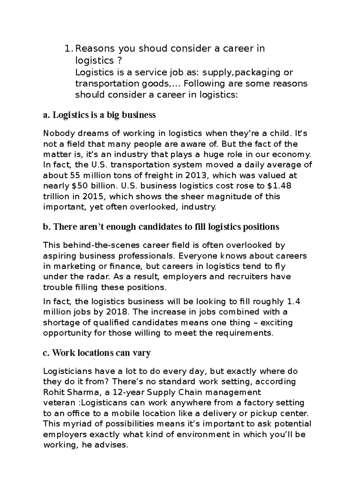 Assignment TO Career IN International Logistics - 1. Reasons you shoud ...