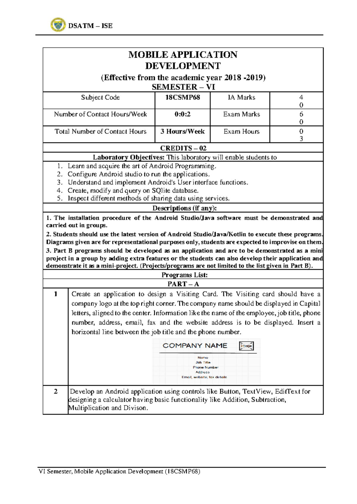 Dsatm MAD Lab Manual - MOBILE APPLICATION DEVELOPMENT (Effective from ...