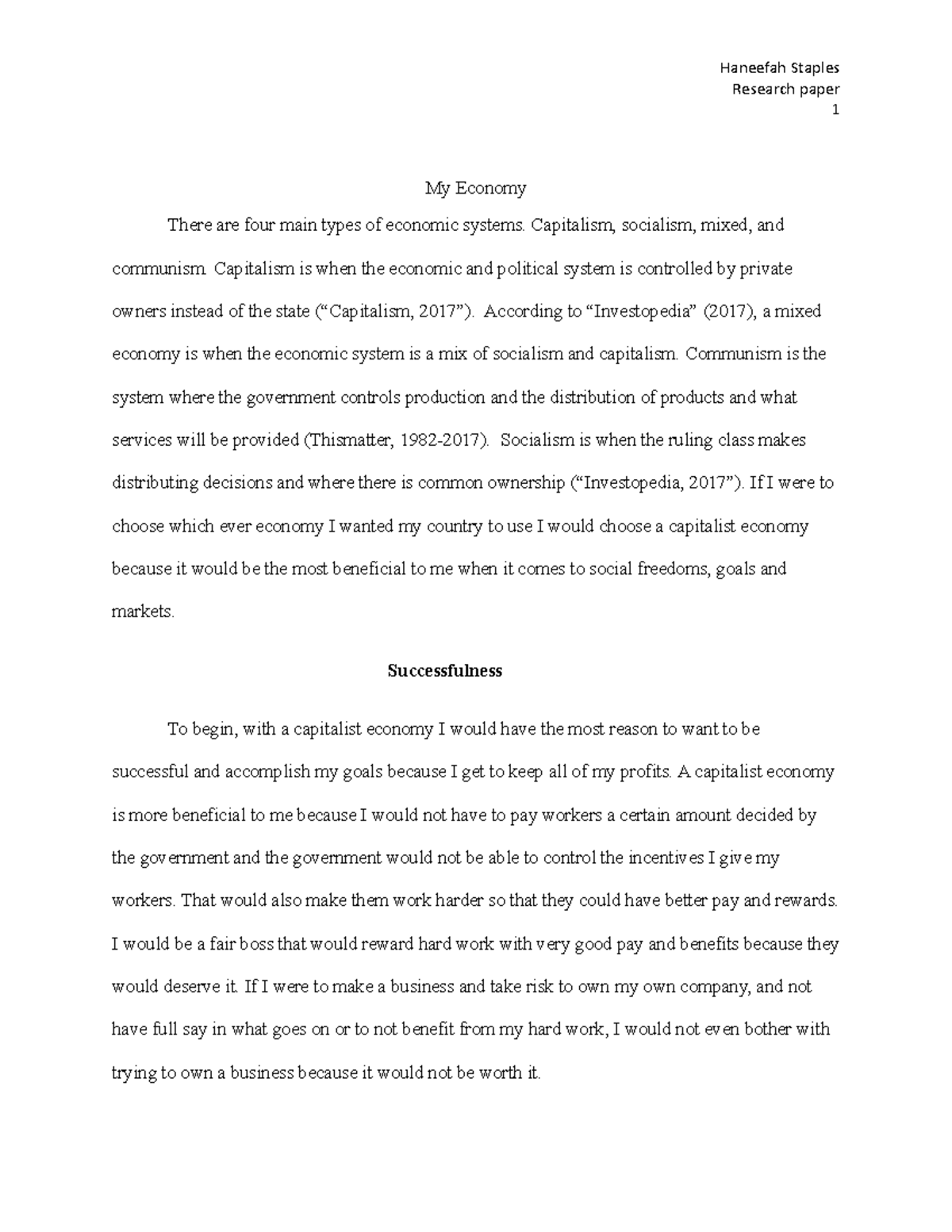 Unit 8 research paper - Haneefah Staples Research paper 1 My Economy ...