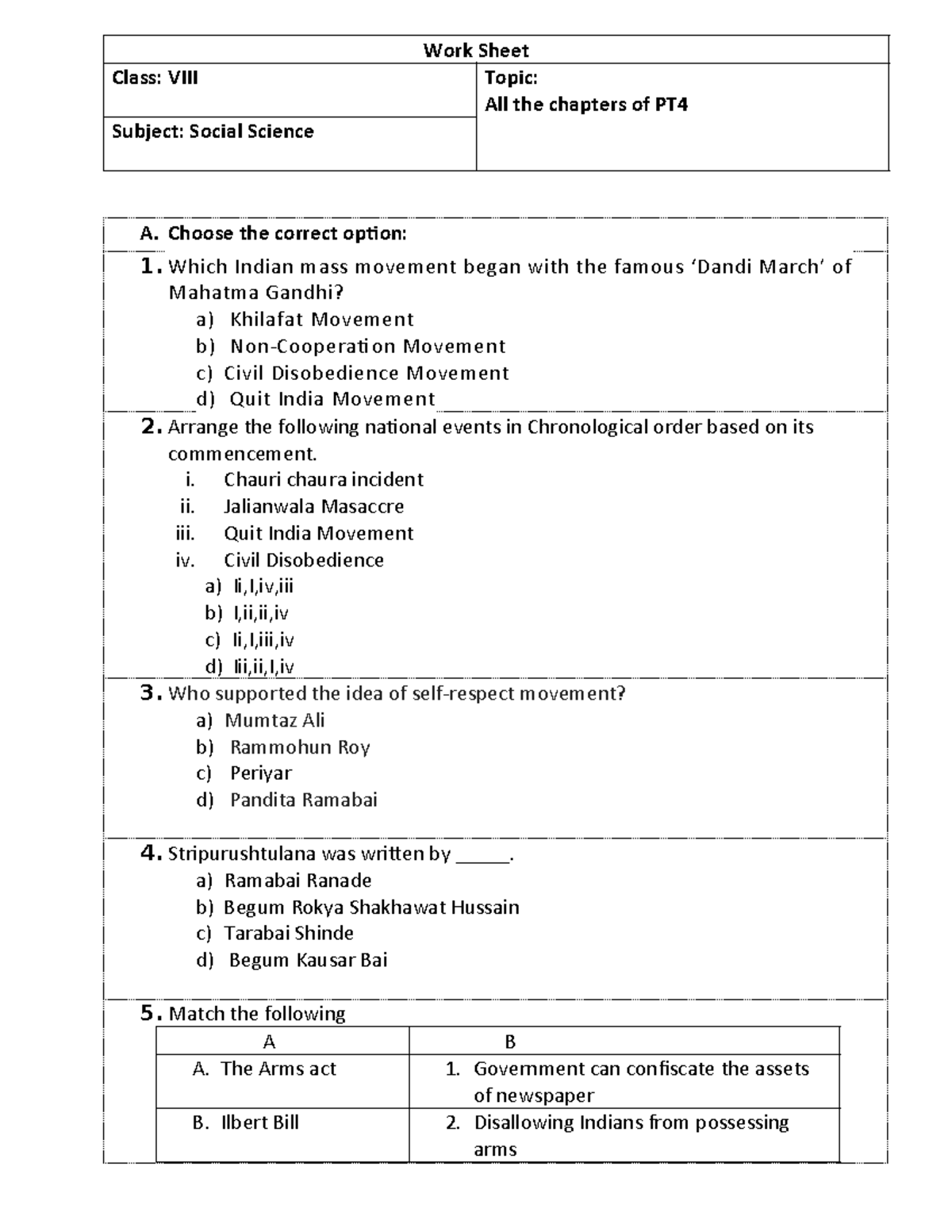 8-SSt - sst - Work Sheet Class: VIII Topic: All the chapters of PT ...